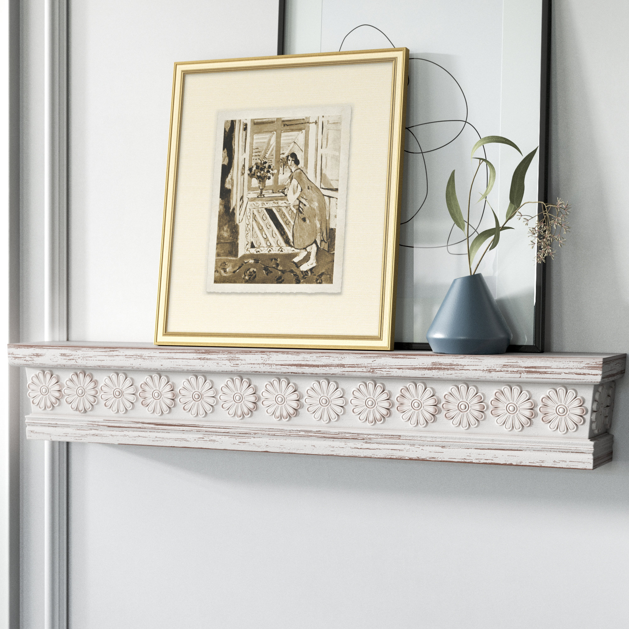 Kelly Clarkson Home Adena White Wood Floral Intricate Carved 1 Shelf Room Wall Shelf, 28" x 5" x ...